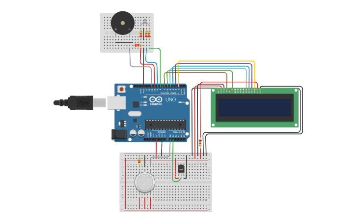 Circuit design Sensor Suhu dan Asap - Tinkercad