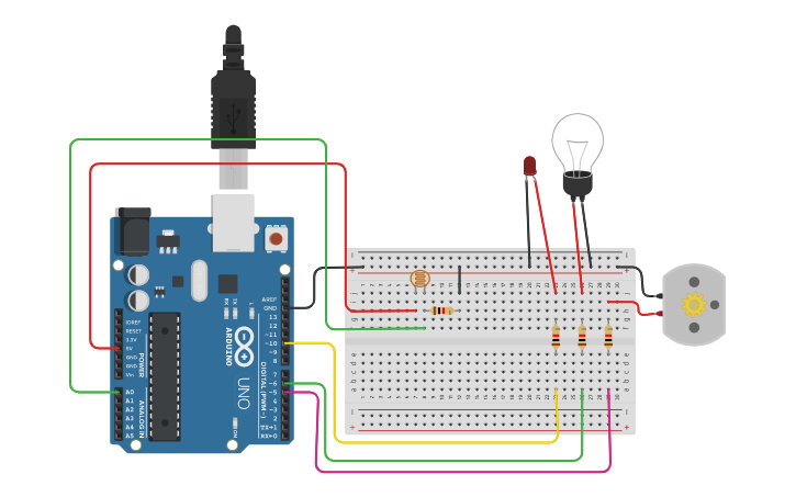 Circuit design Control a DC motor and bulb - Tinkercad