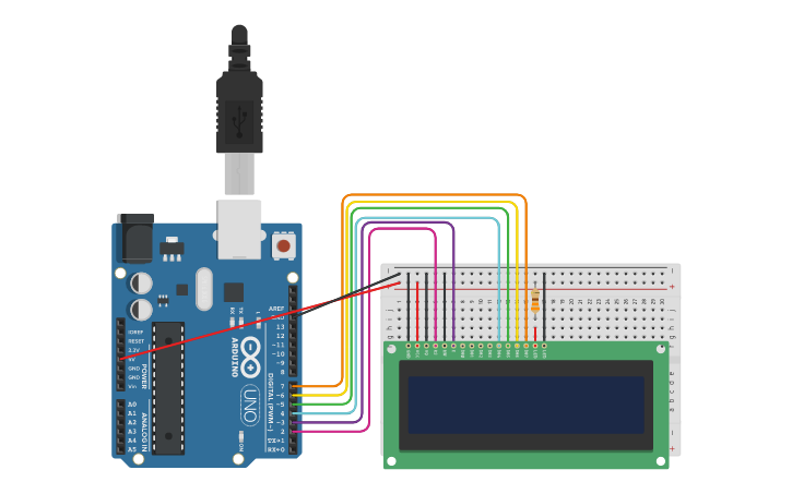 Circuit design LCD y Protoboard como Simulador físico. | Tinkercad