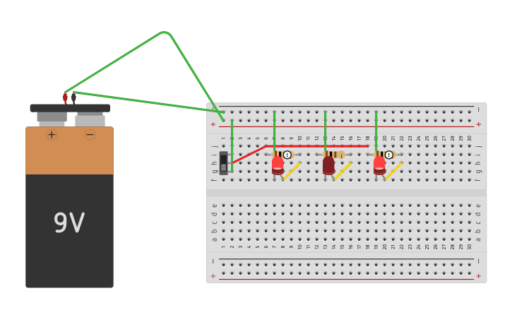 Circuit design 6_ENCENDER 3 LED'S CON INTERRUPTOR EN PARALELO | Tinkercad