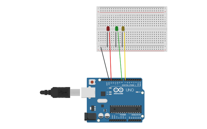 Circuit design three blinking led-vu21csen0500054 - Tinkercad