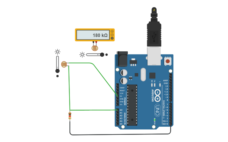 Circuit design Voltage divider for light sensor - Tinkercad