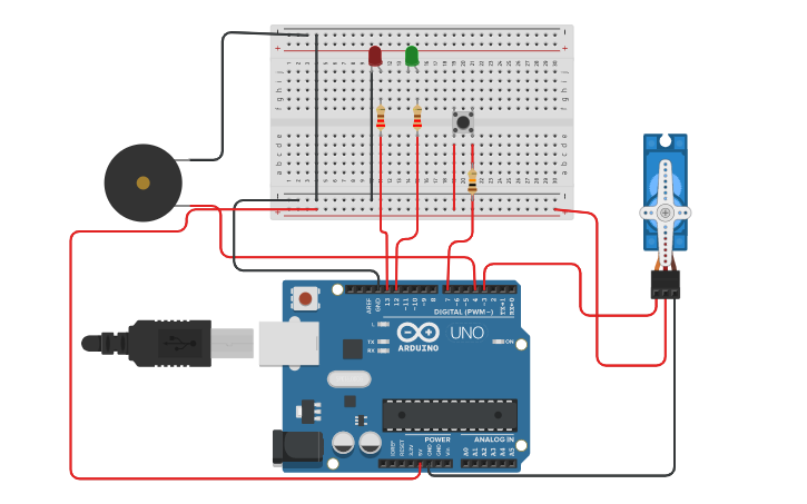 Circuit design Projek Simulasi Palang Keselamatan - Tinkercad