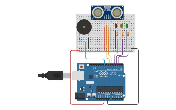 Circuit design Sensore parcheggio - Tinkercad