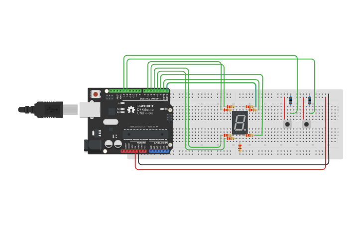 Circuit design 7-segment counter with two buttons (+/-) - Tinkercad