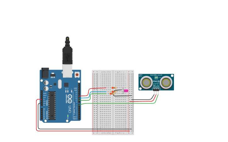 Circuit design Ultrasonic sensor with RGB - Tinkercad