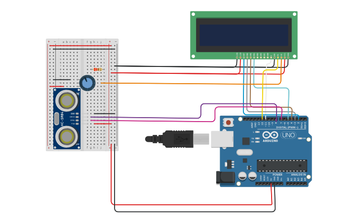 Circuit design Arduino con sensore distanza HC-SR04 e display C - Tinkercad