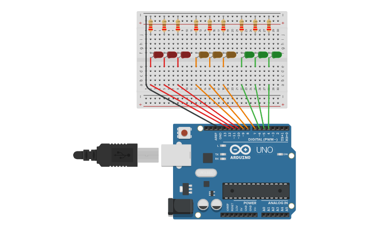 Circuit design Sequência (loop) com comando for - Tinkercad