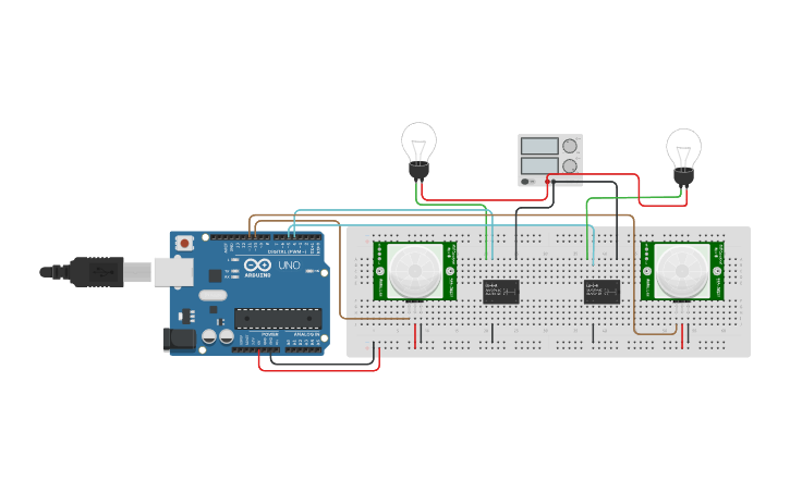 Circuit design Motion-activated 2 Bulb (with 2 Relay) - Tinkercad