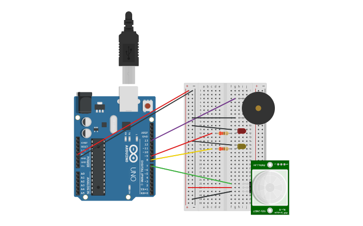 Circuit design Alarma PIR - Tinkercad