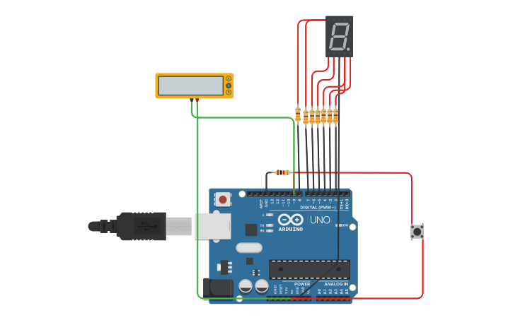 Circuit design Contador: display de 7 segmentos - Tinkercad