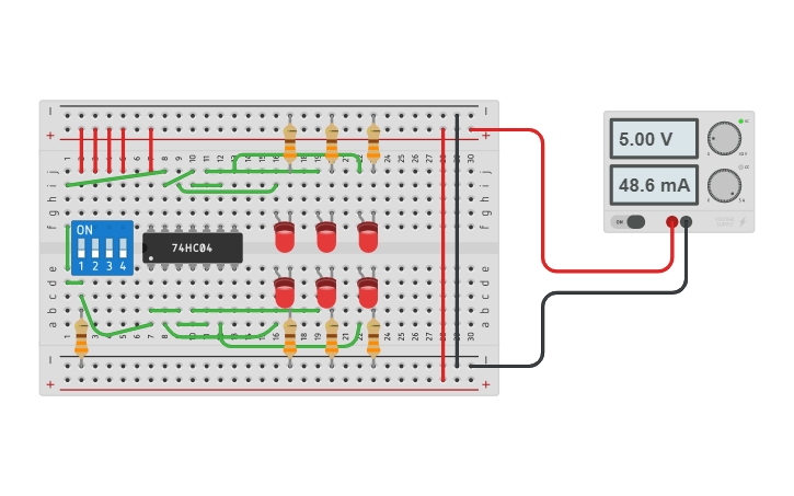 Circuit design Simulacion compuerta NOT KDLC | Tinkercad