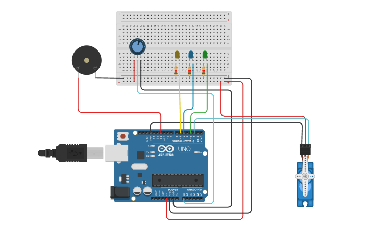Circuit design servo-arduino-potenciometro-led-buzzer - Tinkercad
