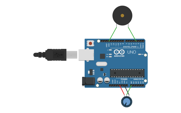 Circuit design potentiometer-triggers-piezo-buzzer - Tinkercad