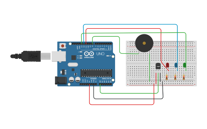 Circuit design TEMP SENSOR WITH LED'S AND BUZZER - Tinkercad