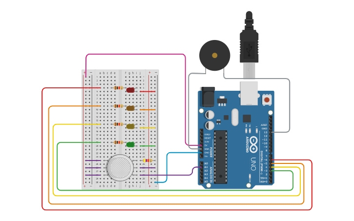 Circuit design Gas leak alarm sensor - Tinkercad