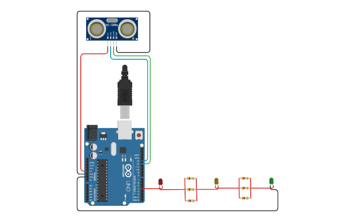 Circuit Design Ujian Praktik Rangkaian Led Ultrasonic Distance Sensor Tinkercad