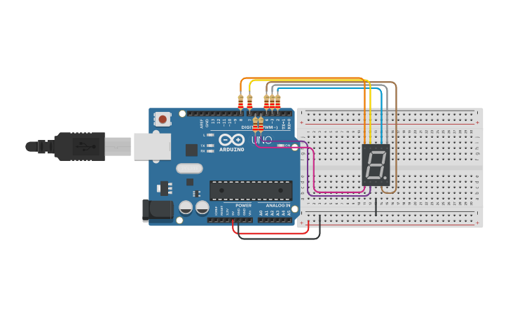 Circuit design Tarea S7 - Display 7 Segmentos NOMBRE | Tinkercad Circuit design Tarea S7 - Display 7 Segmentos NOMBRE | Tinkercad