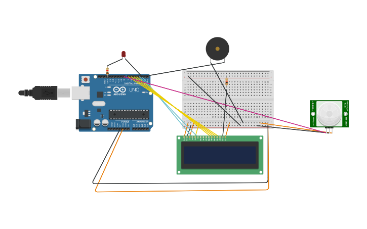 Circuit Design Pir Motion Sensor With Buzzer And Lcd Tinkercad