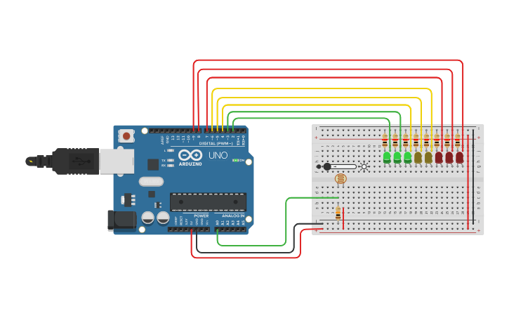 Circuit design Sistema de iluminação com 8 LEDs - Tinkercad