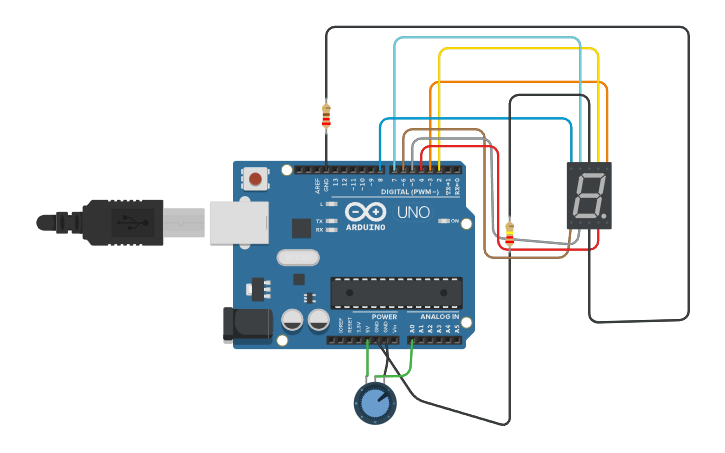 Circuit design 7 Segment Digit Control using Potentiometer - Tinkercad