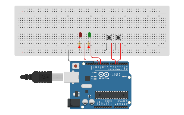 Circuit design Two LEDs Two Button Test - Tinkercad Circuit design Two LEDs Two Button Test - Tinkercad