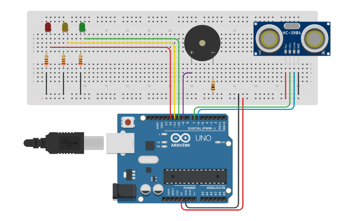 Circuit design Parquear con sensor de distancia - Tinkercad