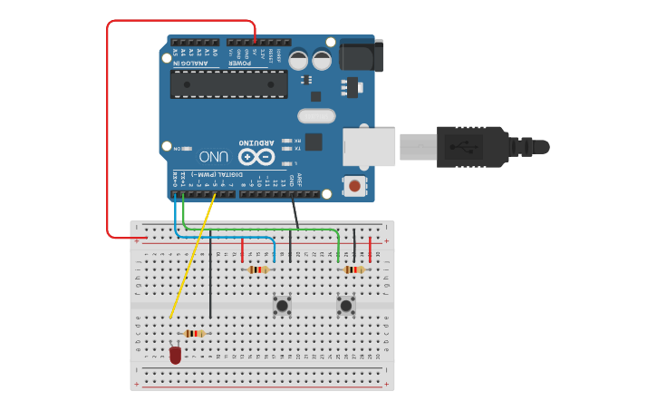 Circuit design Unit:7 Ex--2 (fade an LED using 2 buttons) - Tinkercad