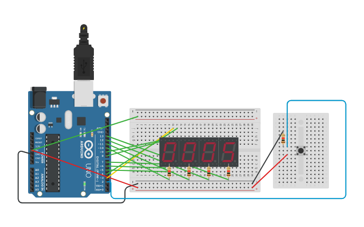 Circuit design 7 segment 4 digits counter (pause button) - Tinkercad