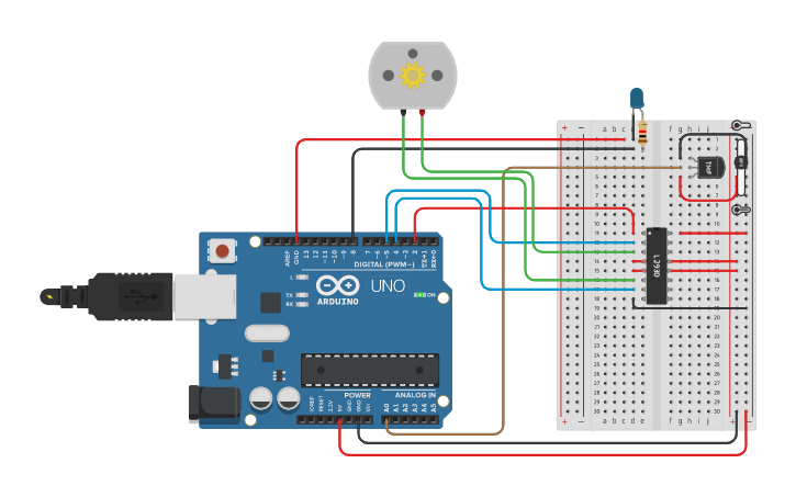 Circuit design Temperature Sensor with DC Motor - Tinkercad