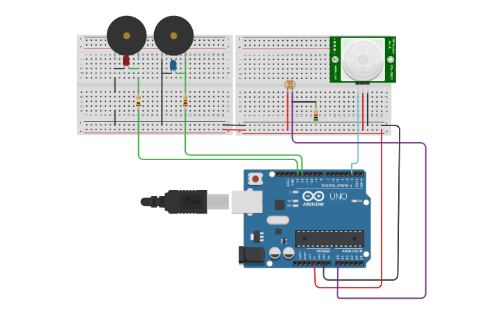 Circuit design Motion and laser security | Tinkercad