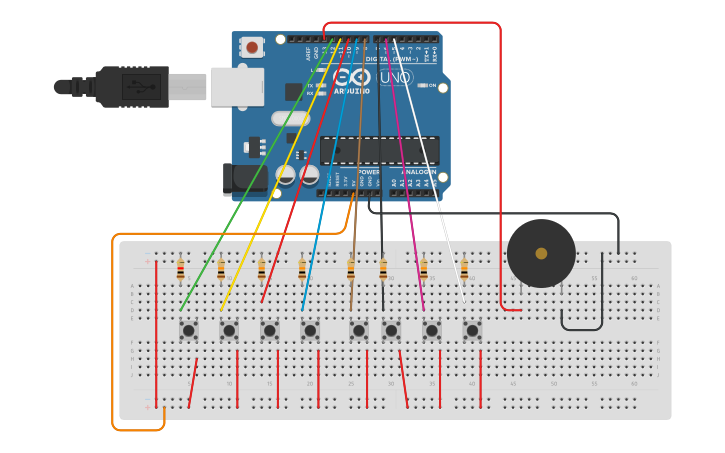 Circuit design Piano Keyboard (8 tones) - Tinkercad