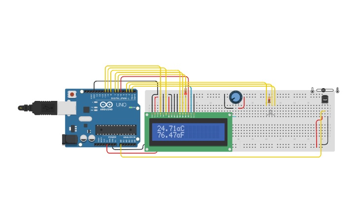 Circuit design LCD com Sensor de Temperatura - Tinkercad