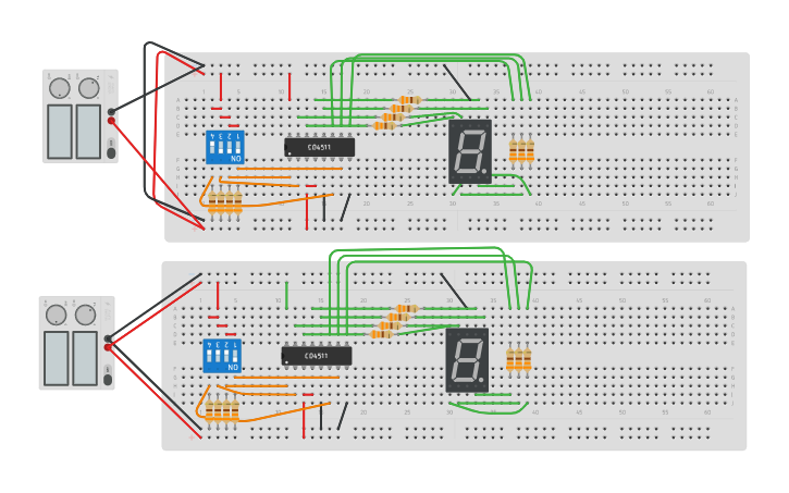 Circuit design conversor binario a BCD - Tinkercad