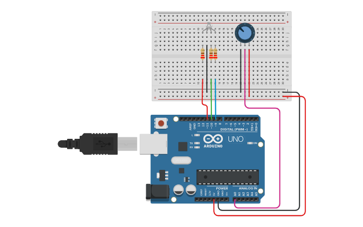 Circuit design LED RGB adjust with Potentiometer - Tinkercad