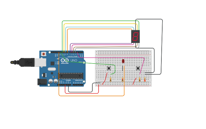 Circuit design push button 7segment - Tinkercad