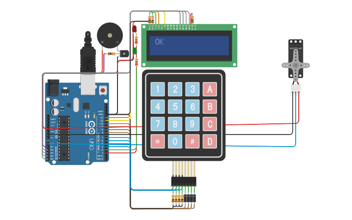 Circuit design Copy of AULA TECLADO MATRICIAL com LCD 16x2 - SENHA int - Tinkercad
