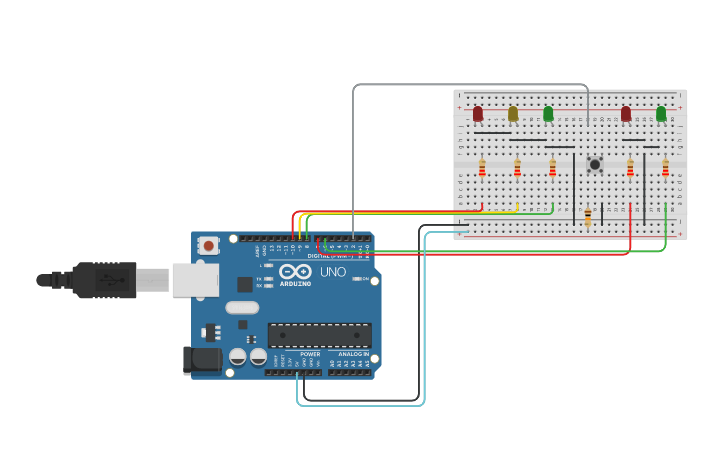 Circuit design Semáforo de Pedestres com botão - Tinkercad