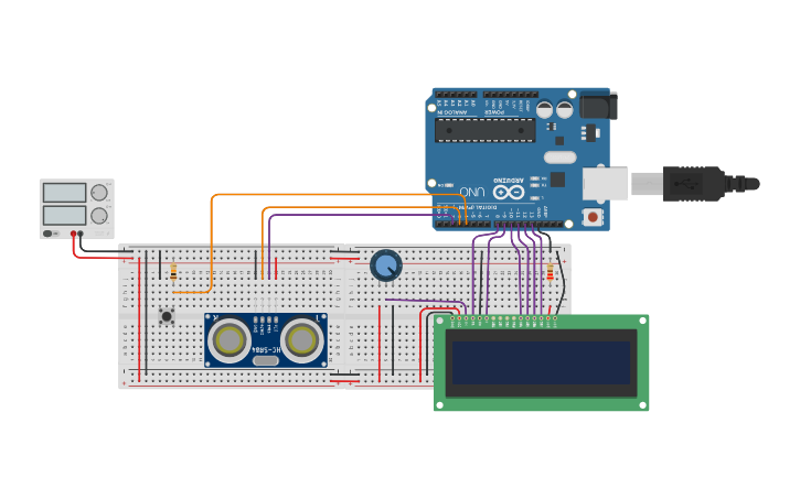 Circuit design sensor de nivel/ ultrason e display lcd - Tinkercad