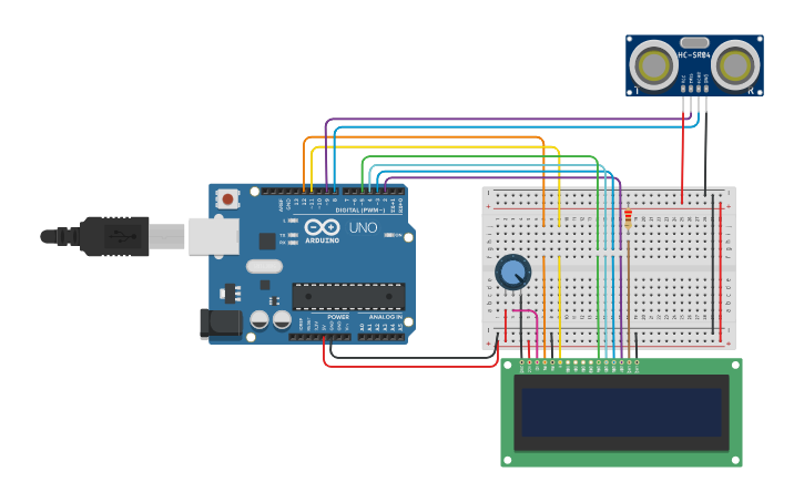Circuit design Ultrasonic sensor + LCD - Tinkercad