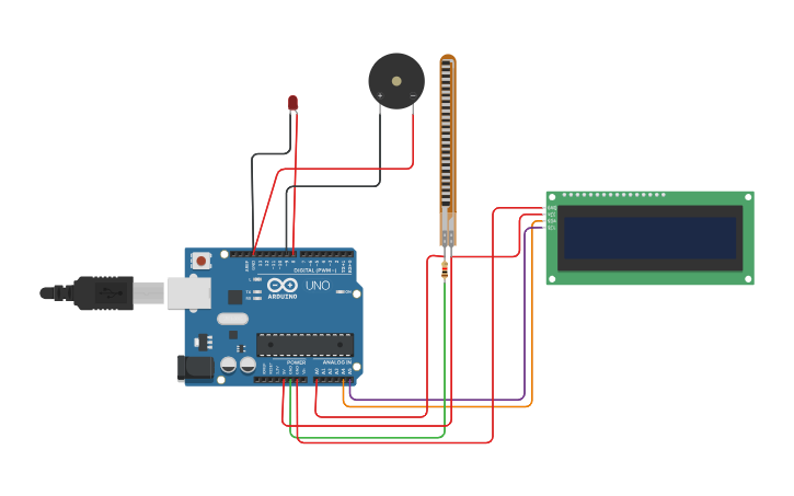 Circuit design Flex Sensor With LCd and LED - Tinkercad