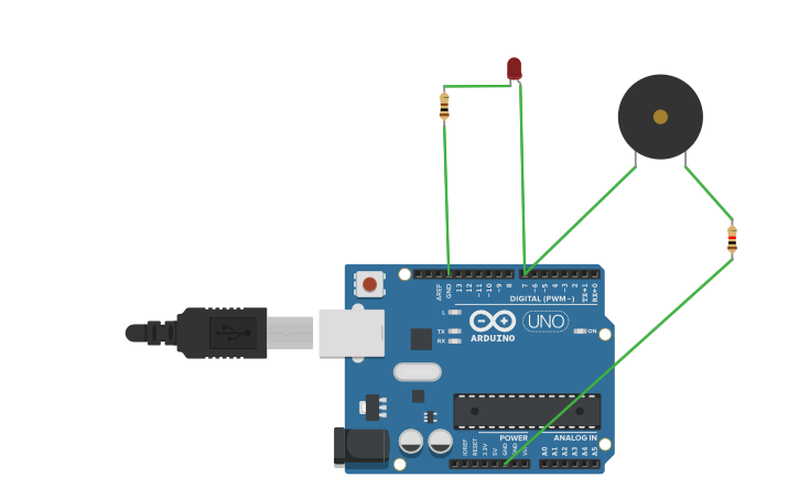 Circuit design LED and BUZZER ON or OFF | Tinkercad