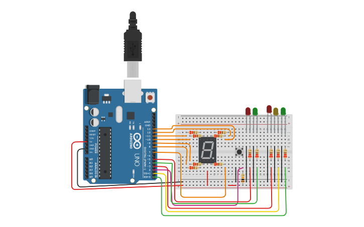 Circuit design GE 2025 J1 R4 Semáforo 7 segmentos sem codigo - Tinkercad