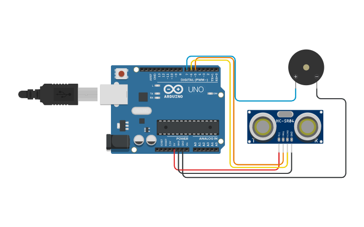 Circuit design ultrasonic buzzer - Tinkercad