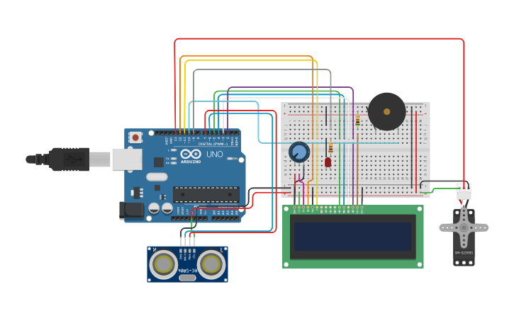Circuit design Rangkaian LED, Buzzer, Servo, LCD, Ultrasonic Sensor ... Circuit design Rangkaian LED, Buzzer, Servo, LCD, Ultrasonic Sensor ...