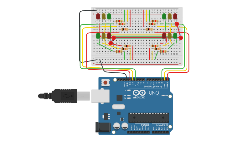 Circuit design 4-Way Traffic Light System - Tinkercad