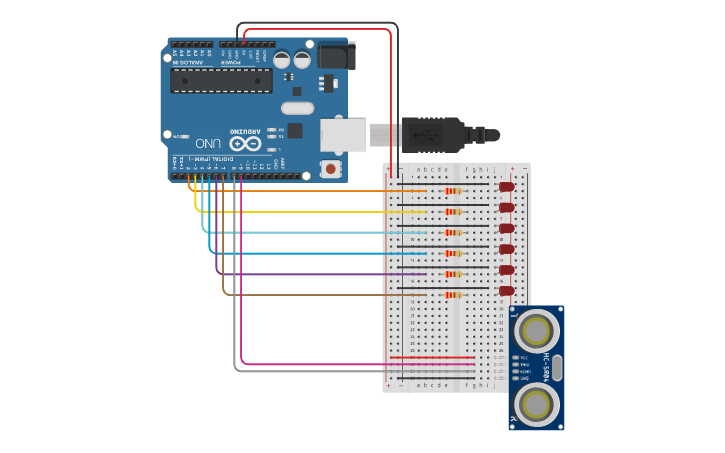 Circuit design ultrasonico con 6 leds - Tinkercad