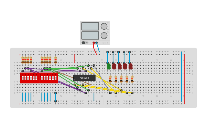Circuit design ADDER 74hc283 - Tinkercad