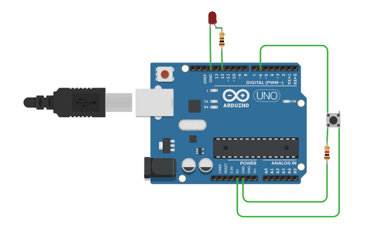 Circuit design ONE button ON/OFF LED - Tinkercad