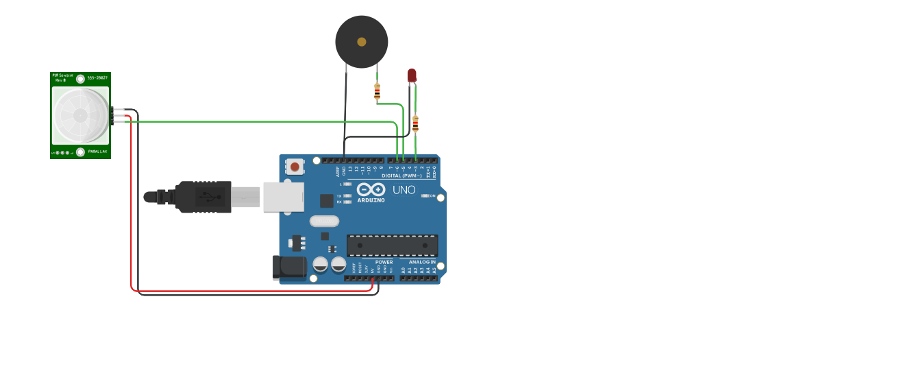 Circuit Design Motion Detector And Buzzer Tinkercad